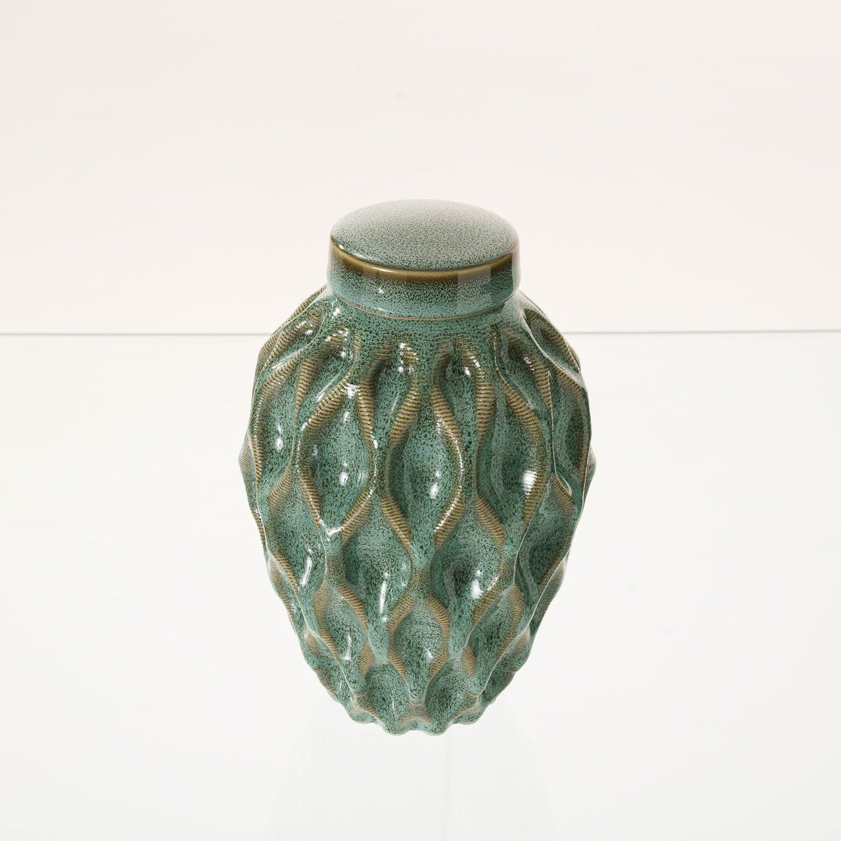 Cremation Urn "Echo" - 3D Printed Ceramic Urn | Oily Green Melange | M