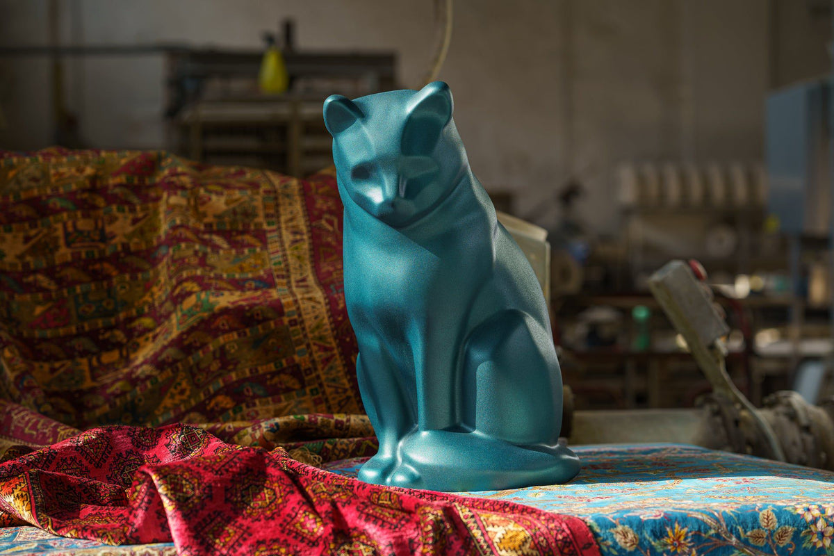 Wooden Cat Statue Urn "Neko" - Hand Sprayed | Azure Blue